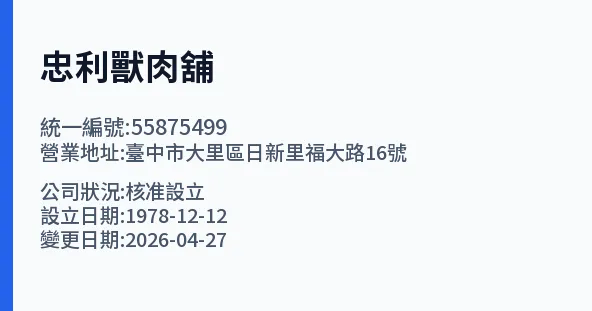 忠利獸肉舖的照片-統編 55875499(臺中市) 公司登記資料與營業項目詳細圖表