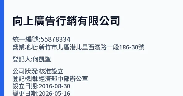 向上廣告行銷有限公司的照片-統編 55878334(新竹市) 公司登記資料與營業項目詳細圖表
