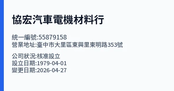 協宏汽車電機材料行的照片-統編 55879158(臺中市) 公司登記資料與營業項目詳細圖表