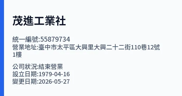 茂進工業社的照片-統編 55879734(臺中市) 公司登記資料與營業項目詳細圖表