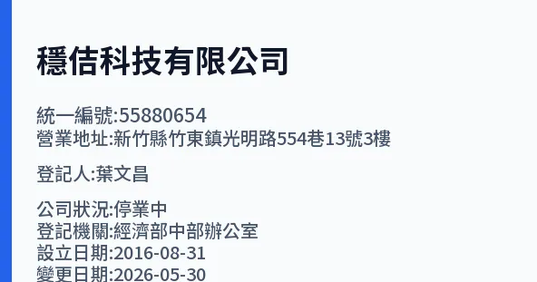 穩佶科技有限公司的照片-統編 55880654(新竹縣) 公司登記資料與營業項目詳細圖表