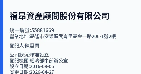 福昂資產顧問股份有限公司的照片-統編 55881669(基隆市) 公司登記資料與營業項目詳細圖表