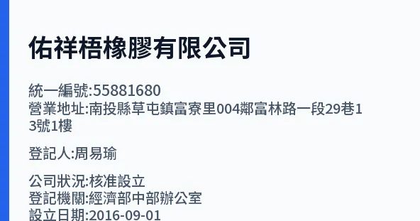 佑祥梧橡膠有限公司的照片-統編 55881680(南投縣) 公司登記資料與營業項目詳細圖表