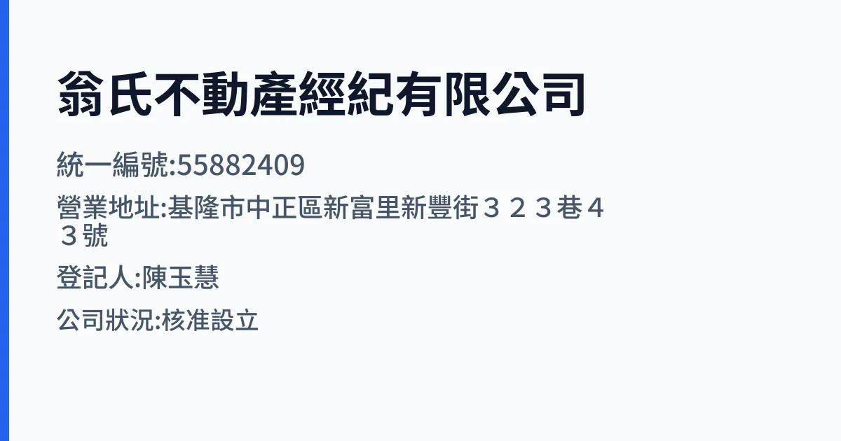 翁氏不動產經紀有限公司 - 統編 55882409(基隆市) 公司登記資料與營業項目詳細圖表