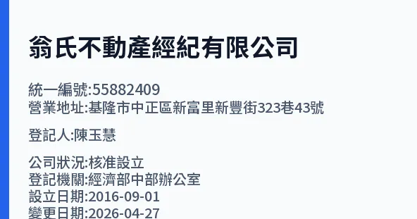翁氏不動產經紀有限公司的照片-統編 55882409(基隆市) 公司登記資料與營業項目詳細圖表