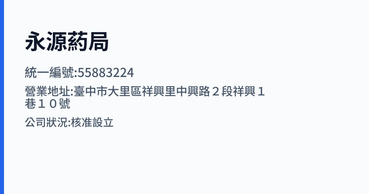 永源葯局 - 統編 55883224(臺中市) 公司登記資料與營業項目詳細圖表