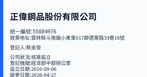 正偉鋼品股份有限公司的照片-統編 55884976(雲林縣) 公司登記資料與營業項目詳細圖表