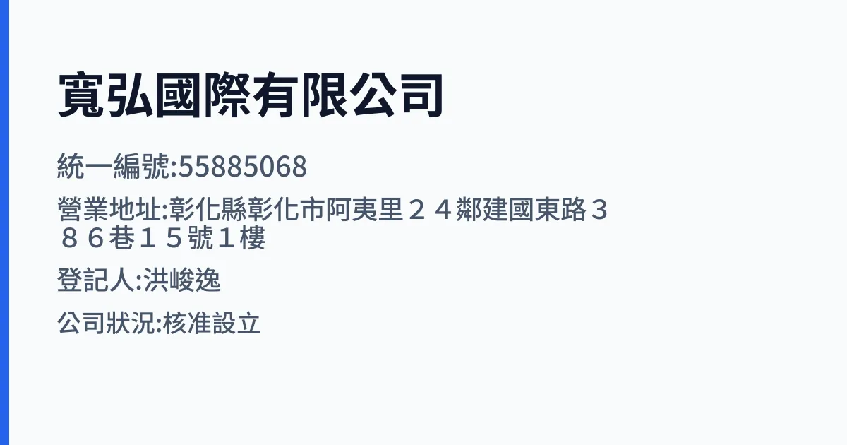 寬弘國際有限公司 - 統編 55885068(彰化縣) 公司登記資料與營業項目詳細圖表