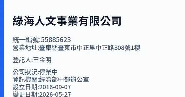 綠海人文事業有限公司的照片-統編 55885623(臺東縣) 公司登記資料與營業項目詳細圖表