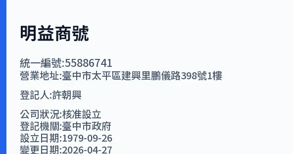 明益商號的照片-統編 55886741(臺中市) 公司登記資料與營業項目詳細圖表