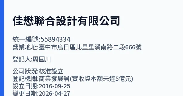 佳懋聯合設計有限公司的照片-統編 55894334(臺中市) 公司登記資料與營業項目詳細圖表