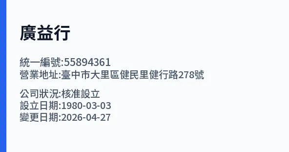 廣益行的照片-統編 55894361(臺中市) 公司登記資料與營業項目詳細圖表