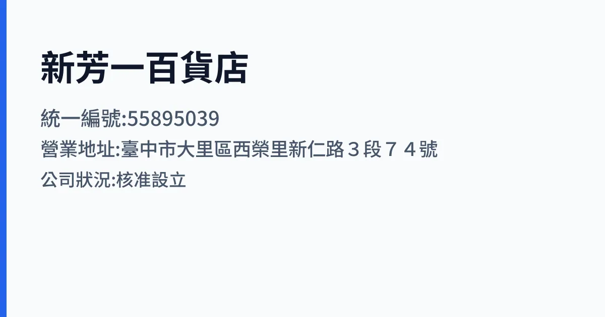 新芳一百貨店 - 統編 55895039(臺中市) 公司登記資料與營業項目詳細圖表