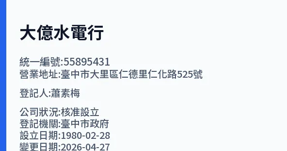 大億水電行的照片-統編 55895431(臺中市) 公司登記資料與營業項目詳細圖表