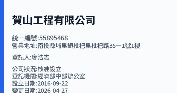賀山工程有限公司的照片-統編 55895468(南投縣) 公司登記資料與營業項目詳細圖表