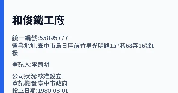 和俊鐵工廠的照片-統編 55895777(臺中市) 公司登記資料與營業項目詳細圖表