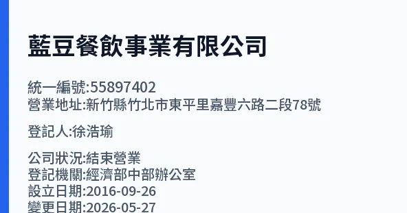 藍豆餐飲事業有限公司的照片-統編 55897402(新竹縣) 公司登記資料與營業項目詳細圖表