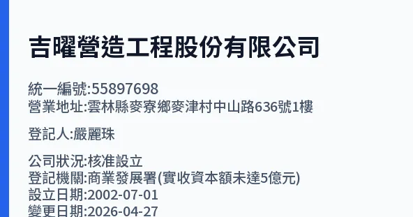吉曜營造工程股份有限公司的照片-統編 55897698(雲林縣) 公司登記資料與營業項目詳細圖表