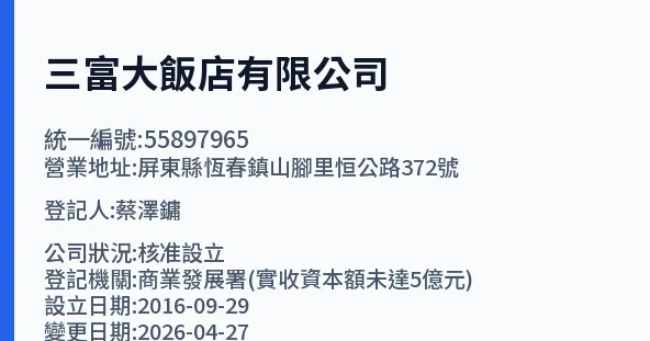 三富大飯店有限公司的照片-統編 55897965(屏東縣) 公司登記資料與營業項目詳細圖表