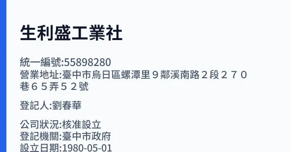 生利盛工業社的照片-統編 55898280(臺中市) 公司登記資料與營業項目詳細圖表