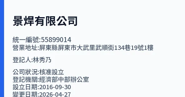 景焊有限公司的照片-統編 55899014(屏東縣) 公司登記資料與營業項目詳細圖表