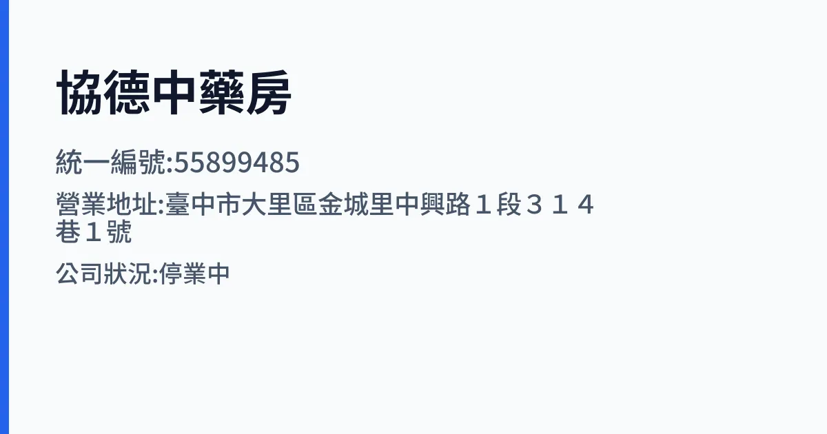 協德中藥房 - 統編 55899485(臺中市) 公司登記資料與營業項目詳細圖表