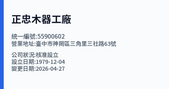 正忠木器工廠的照片-統編 55900602(臺中市) 公司登記資料與營業項目詳細圖表