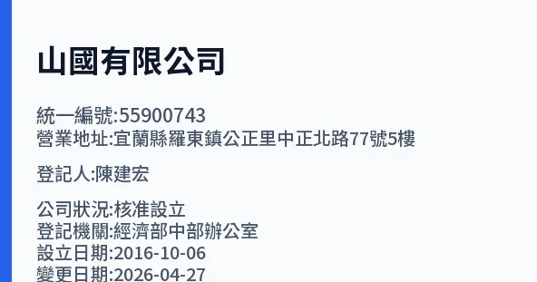 山國有限公司的照片-統編 55900743(宜蘭縣) 公司登記資料與營業項目詳細圖表