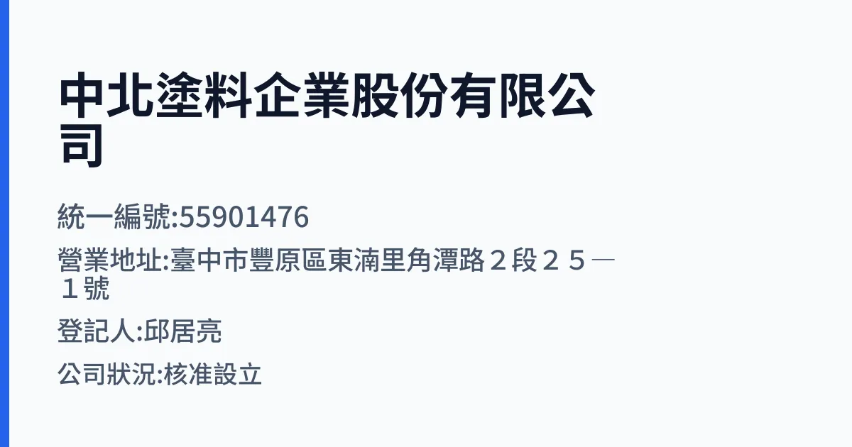 中北塗料企業股份有限公司 - 統編 55901476(臺中市) 公司登記資料與營業項目詳細圖表