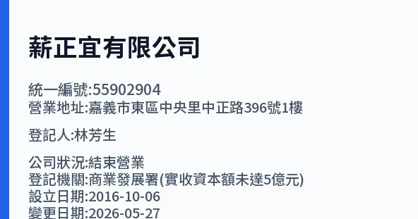 薪正宜有限公司的照片-統編 55902904(嘉義市) 公司登記資料與營業項目詳細圖表