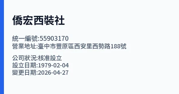 僑宏西裝社的照片-統編 55903170(臺中市) 公司登記資料與營業項目詳細圖表