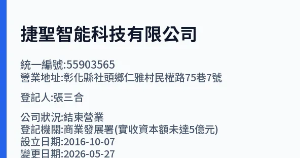 捷聖智能科技有限公司的照片-統編 55903565(彰化縣) 公司登記資料與營業項目詳細圖表