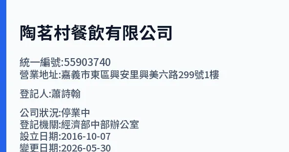 陶茗村餐飲有限公司的照片-統編 55903740(嘉義市) 公司登記資料與營業項目詳細圖表