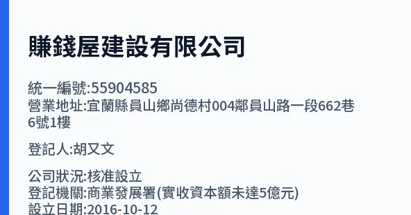 賺錢屋建設有限公司的照片-統編 55904585(宜蘭縣) 公司登記資料與營業項目詳細圖表