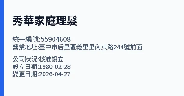 秀華家庭理髮的照片-統編 55904608(臺中市) 公司登記資料與營業項目詳細圖表