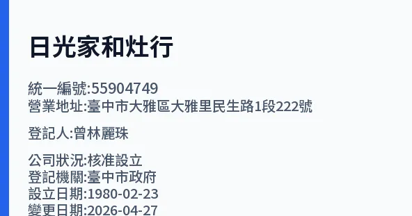 日光家和灶行的照片-統編 55904749(臺中市) 公司登記資料與營業項目詳細圖表
