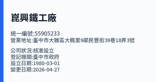 崑興鐵工廠的照片-統編 55905233(臺中市) 公司登記資料與營業項目詳細圖表