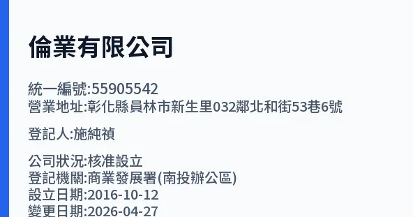 倫業有限公司的照片-統編 55905542(彰化縣) 公司登記資料與營業項目詳細圖表