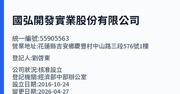 國弘開發實業股份有限公司的照片-統編 55905563(花蓮縣) 公司登記資料與營業項目詳細圖表