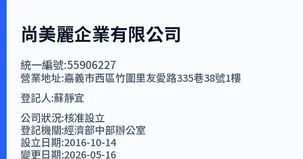 尚美麗企業有限公司的照片-統編 55906227(嘉義市) 公司登記資料與營業項目詳細圖表