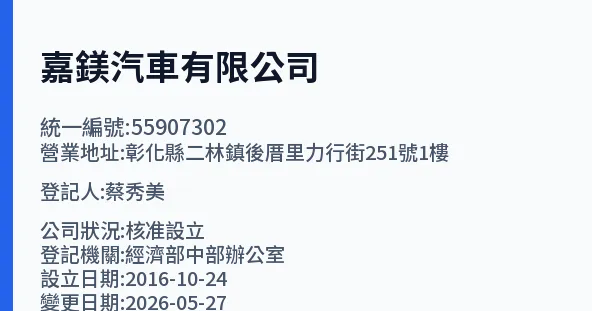 嘉鎂汽車有限公司的照片-統編 55907302(彰化縣) 公司登記資料與營業項目詳細圖表