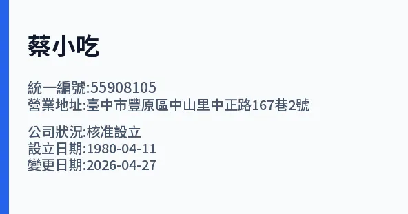 蔡小吃的照片-統編 55908105(臺中市) 公司登記資料與營業項目詳細圖表