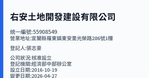 右安土地開發建設有限公司的照片-統編 55908549(宜蘭縣) 公司登記資料與營業項目詳細圖表