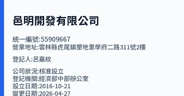 邑明開發有限公司的照片-統編 55909667(雲林縣) 公司登記資料與營業項目詳細圖表