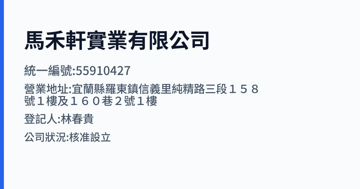 馬禾軒實業有限公司 - 統編 55910427(宜蘭縣) 公司登記資料與營業項目詳細圖表