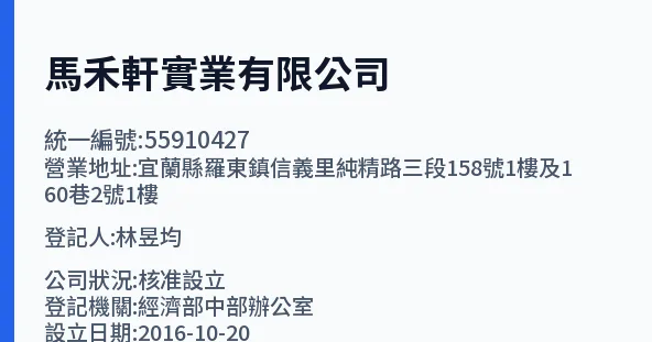 馬禾軒實業有限公司的照片-統編 55910427(宜蘭縣) 公司登記資料與營業項目詳細圖表