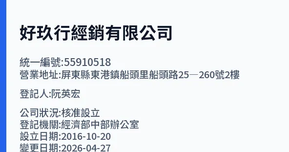 好玖行經銷有限公司的照片-統編 55910518(屏東縣) 公司登記資料與營業項目詳細圖表