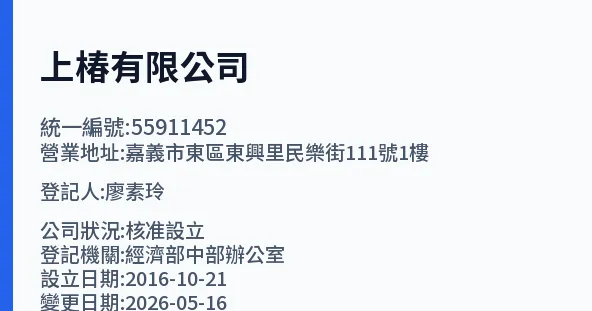 上椿有限公司的照片-統編 55911452(嘉義市) 公司登記資料與營業項目詳細圖表