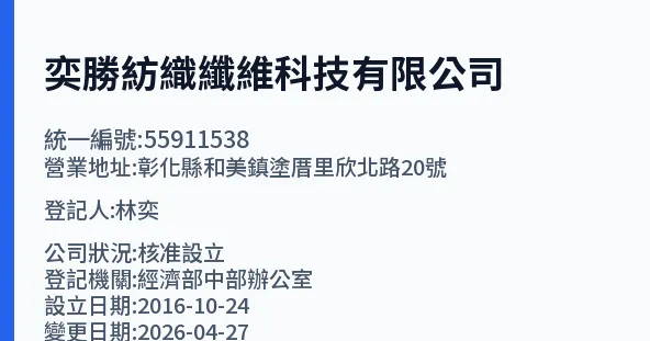 奕勝紡織纖維科技有限公司的照片-統編 55911538(彰化縣) 公司登記資料與營業項目詳細圖表