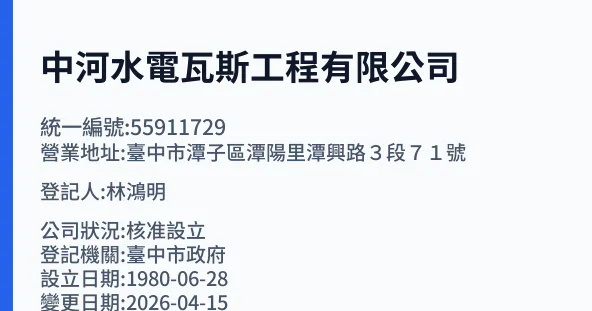 中河水電瓦斯工程有限公司的照片-統編 55911729(臺中市) 公司登記資料與營業項目詳細圖表